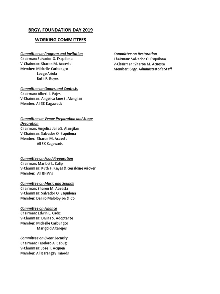Brgy. Foundation Day 2019 Working Committees | PDF