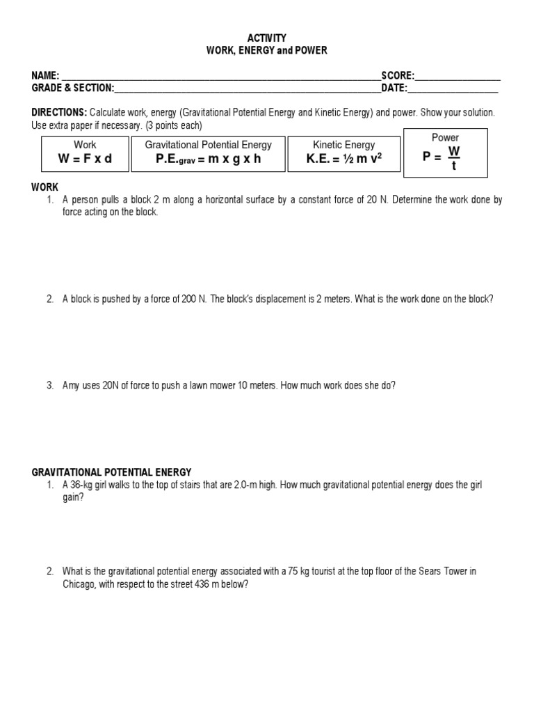 ACTIVITY Work Energy and Power | PDF | Force | Potential Energy