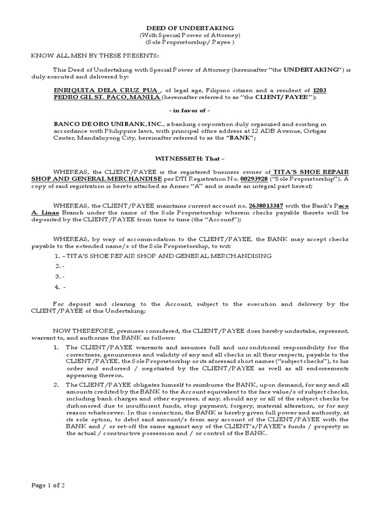 Deed of Undertaking | PDF | Cheque | Payments