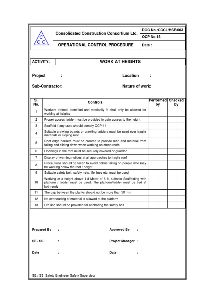 OCP 0018: Work at Heights Safety Procedures | PDF