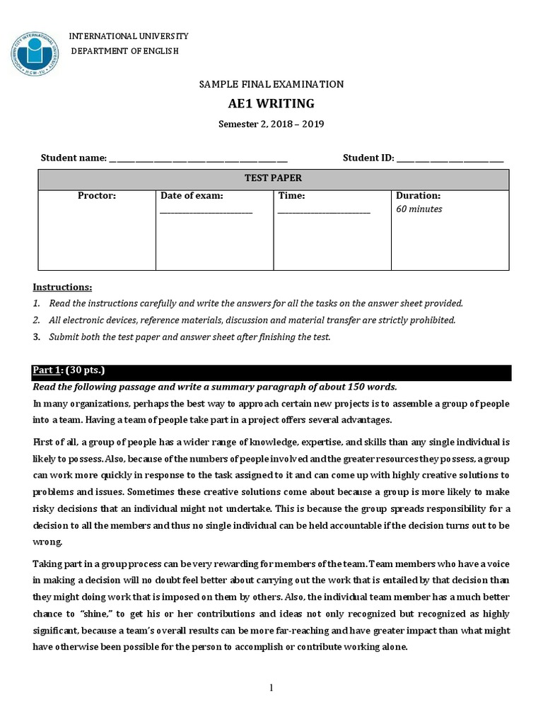 AE1 Writing Final Sample Test | PDF | Test (Assessment) | Essays