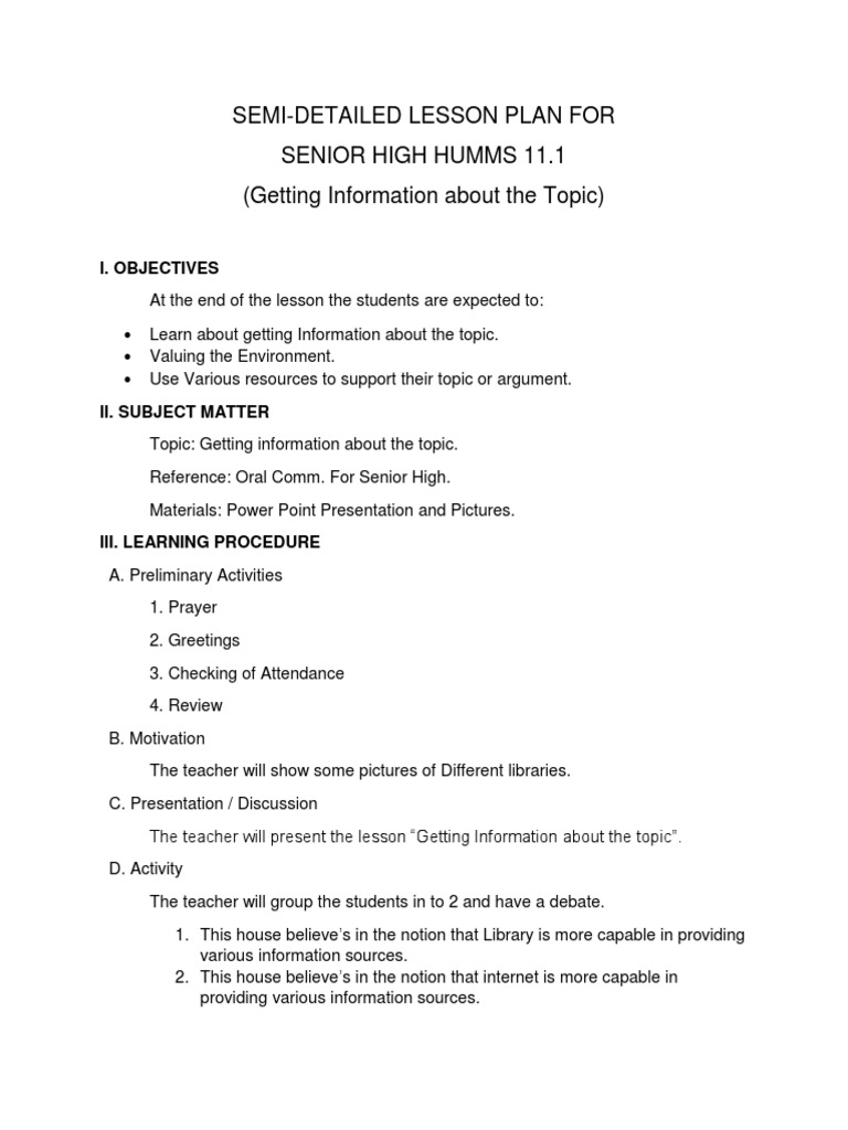 Semi Detailed Lesson Plan For Senior High | PDF | Wellness
