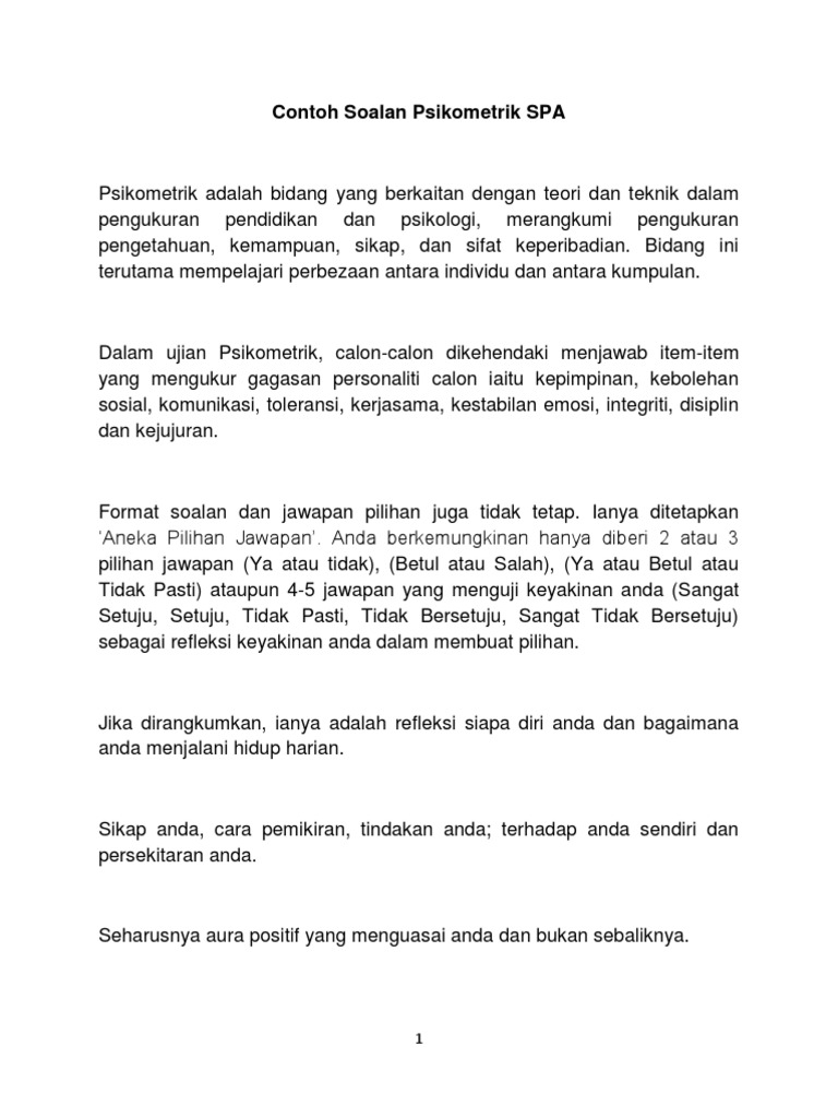 Contoh Soalan Psikometrik SPA | PDF
