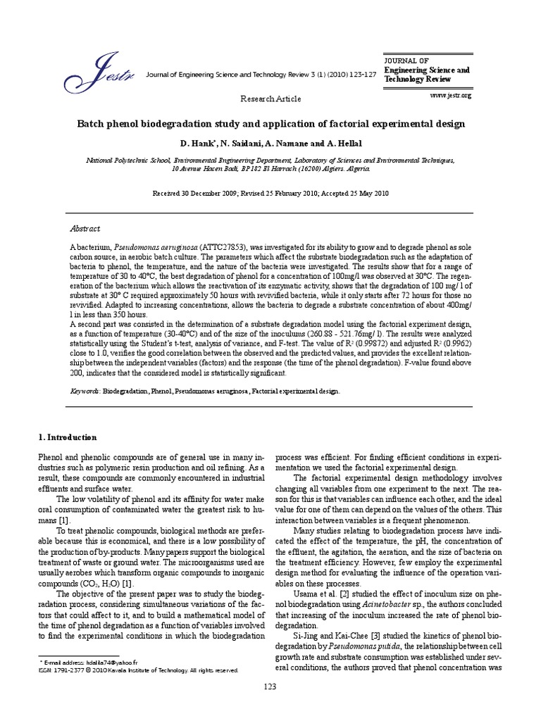 Batch Phenol Biodegradation Study and Application of Factorial Experimental Design | Download ...