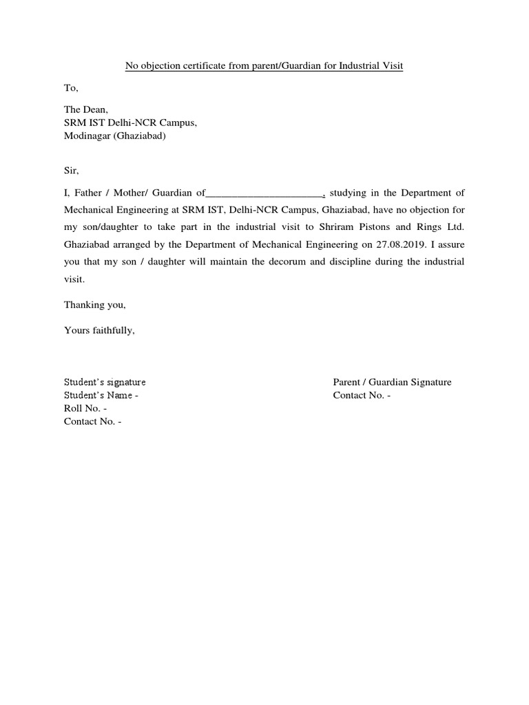NOC For Industrial Visit | PDF