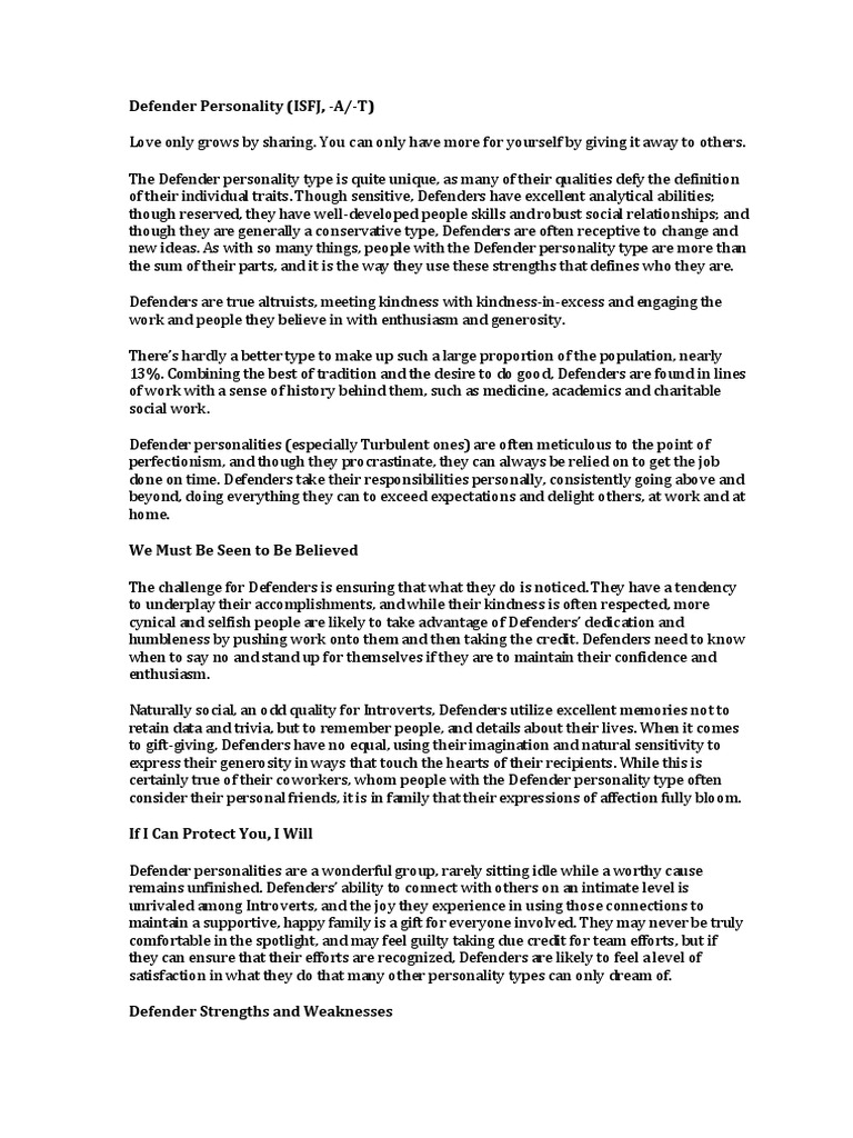Defender Personality (ISFJ, - A/-T) | PDF | Altruism | Intimate ...