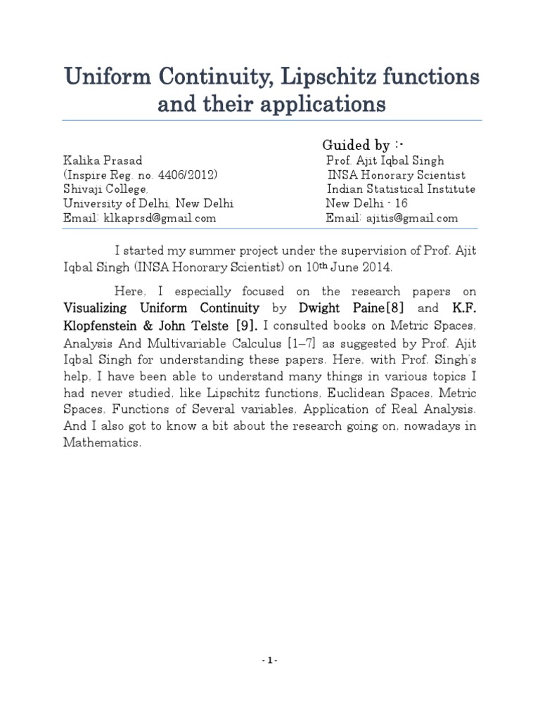 Uniform Continuity Lipschitz Functions And Their Applications Pdf