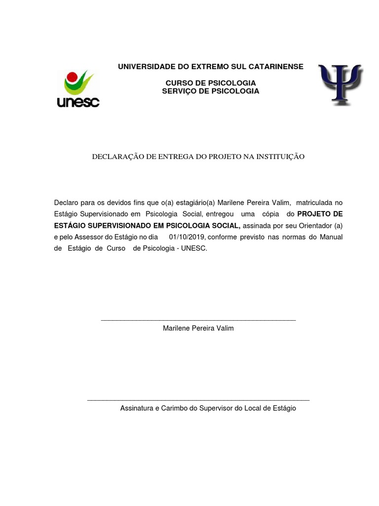 Declaração de Entrega Do Projeto Na Instituição | PDF