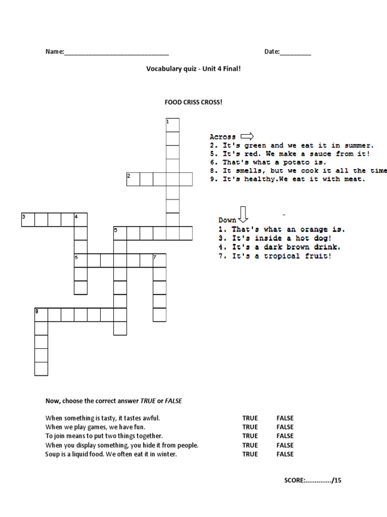 Vocabulary Quiz - Unit 4 Final!: Food Criss Cross! | PDF | Cooking ...