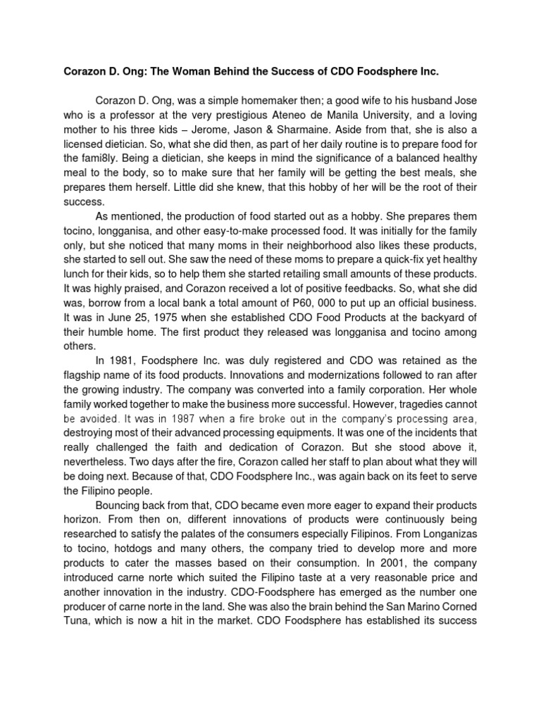 Corazon D. Ong: The Woman Behind The Success of CDO Foodsphere Inc ...