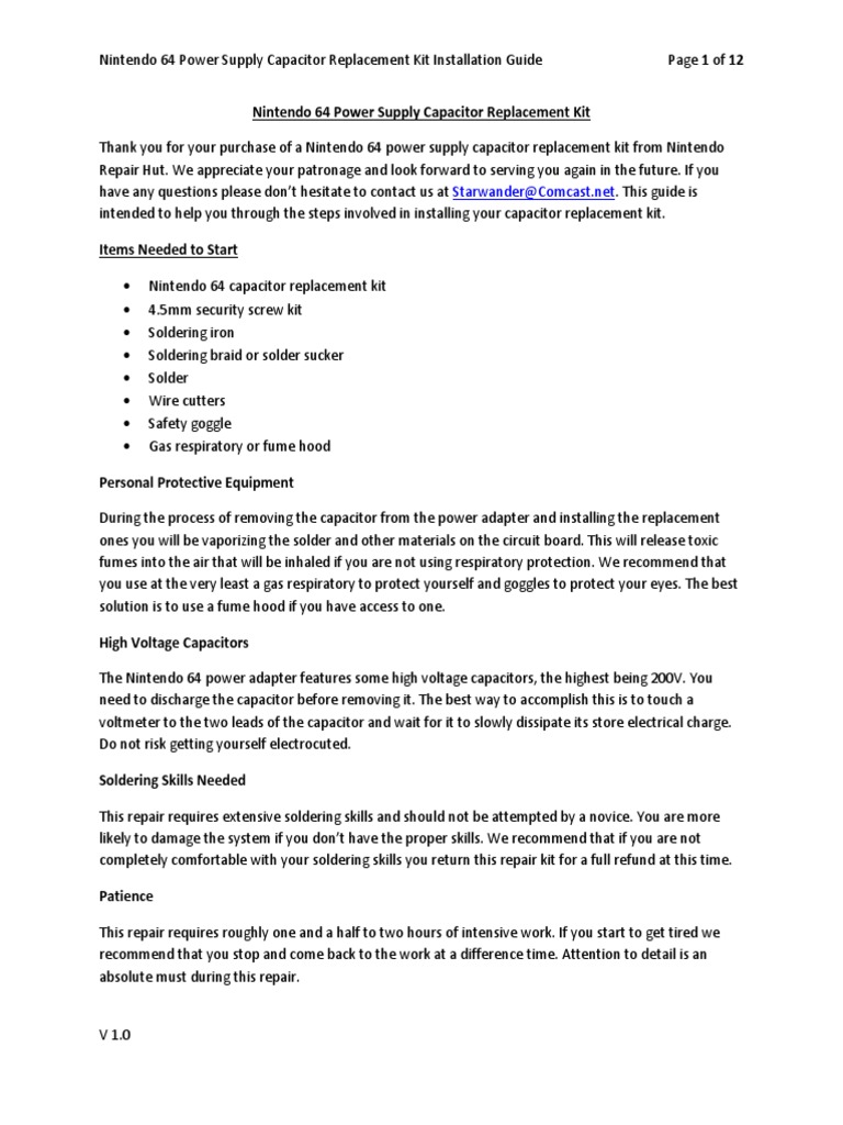 Nintendo 64 Power Supply Capacitor Replacement Kit | PDF | Soldering ...