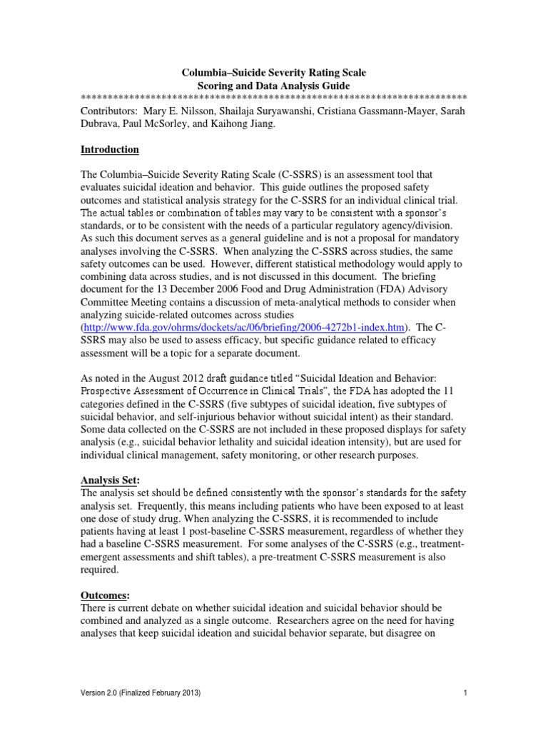 Columbia-Suicide Severity Rating Scale Scoring and Data Analysis Guide ...