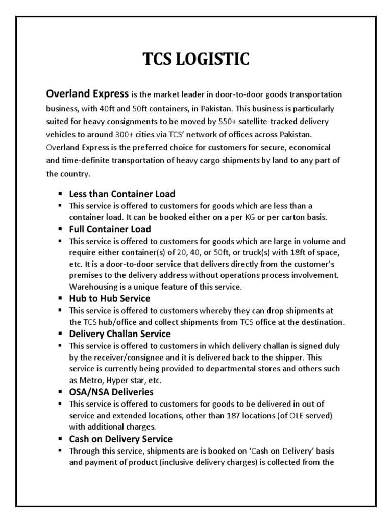 Tcs Logistic: Overland Express | PDF | Warehouse | United Parcel Service