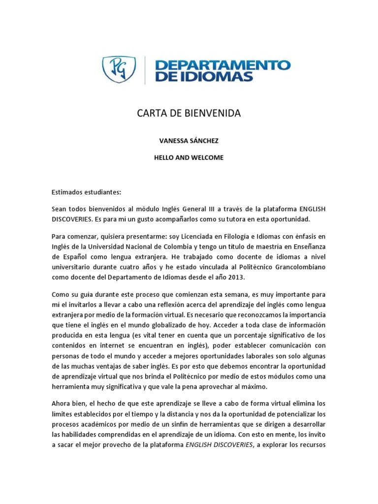 Carta de Bienvenida - Inglés General III 2018-2-2 PDF | PDF