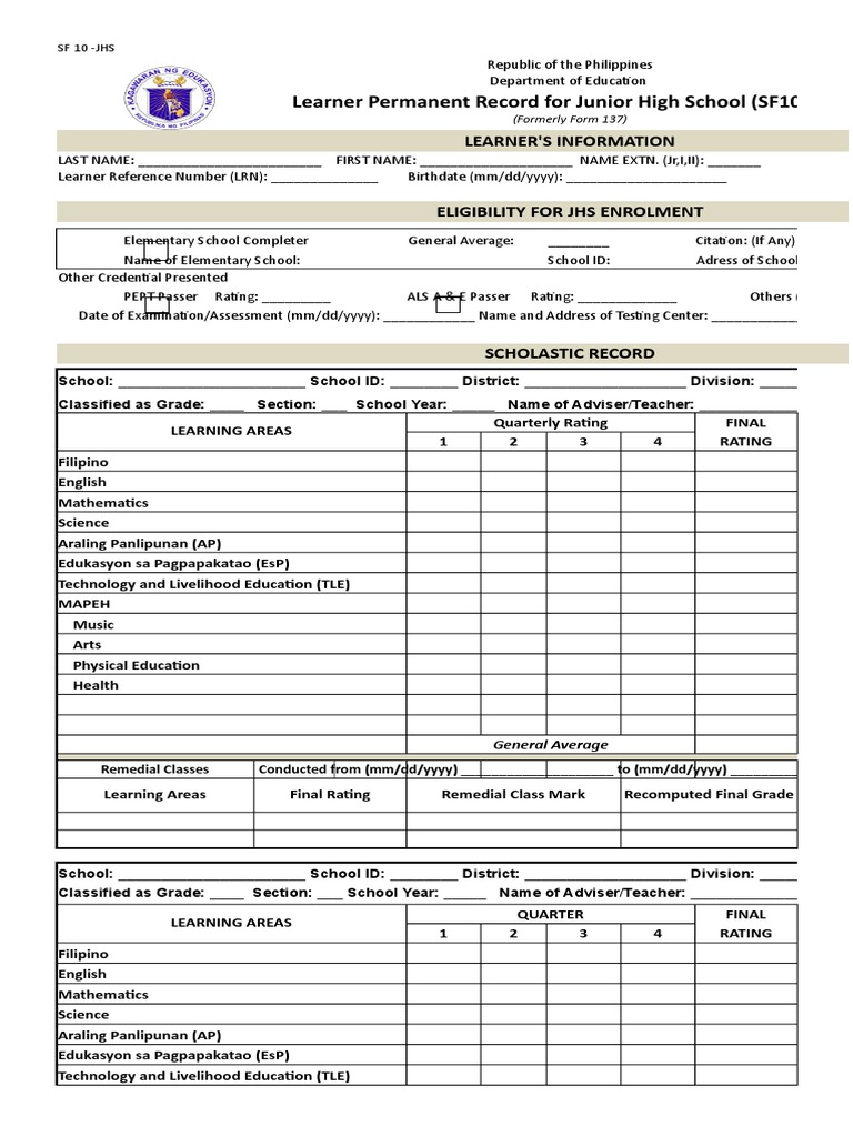 JHS Learner Permanent Record Form | PDF | Physical Education | Middle Schools