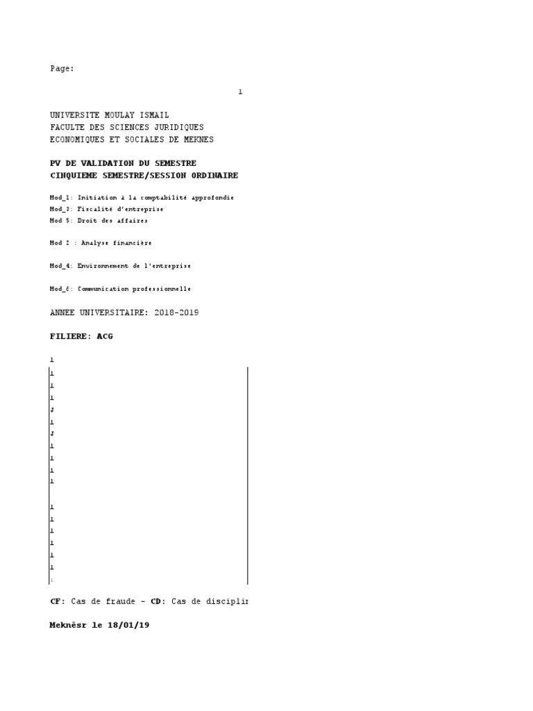 PV de Validation Du Semestre Cinquieme Semestre/Session Ordinaire | PDF ...