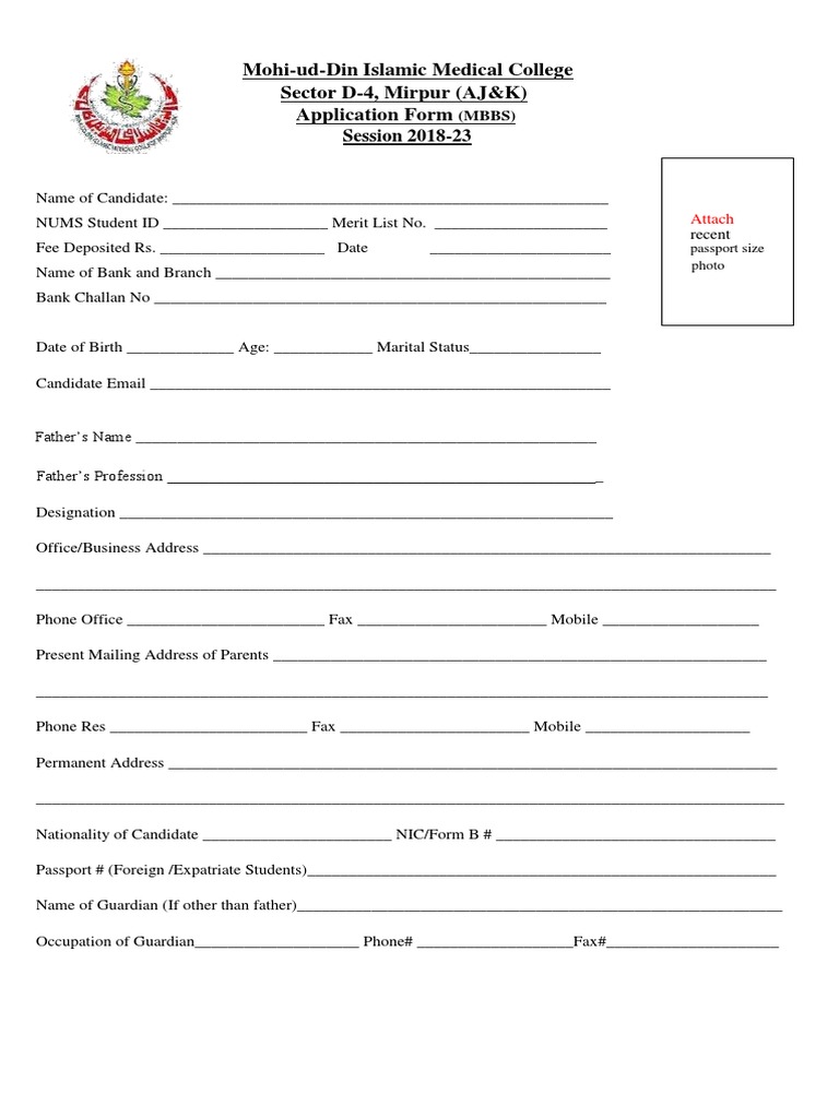 MBBS Application Form - Mohi-ud-Din College | PDF