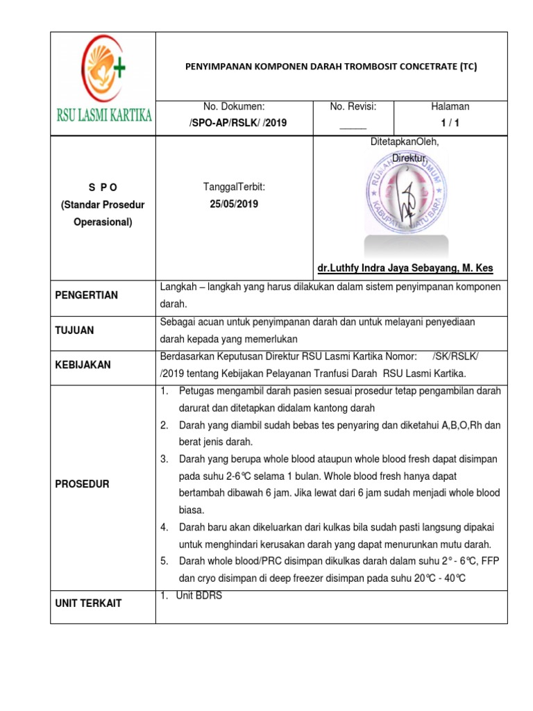 Penyimpanan Komponen Darah Trombosit Concetrate (TC) | PDF