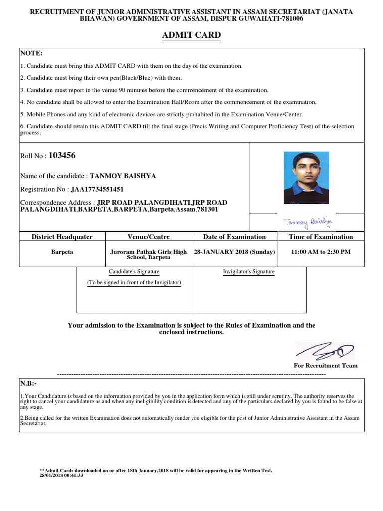 Admit Card: Roll No | PDF | Test (Assessment) | Computing