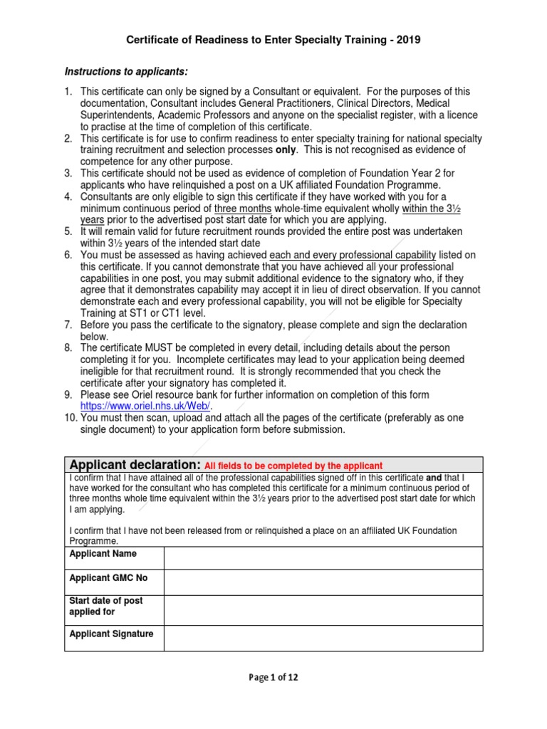 Certificate of Readiness To Enter Specialty Training | PDF | Health ...
