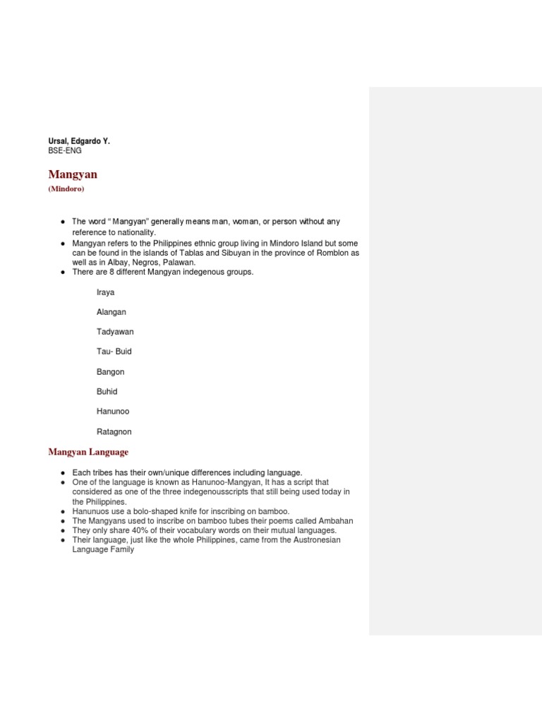 An Overview of the Mangyan Indigenous Groups of Mindoro Island: Their ...