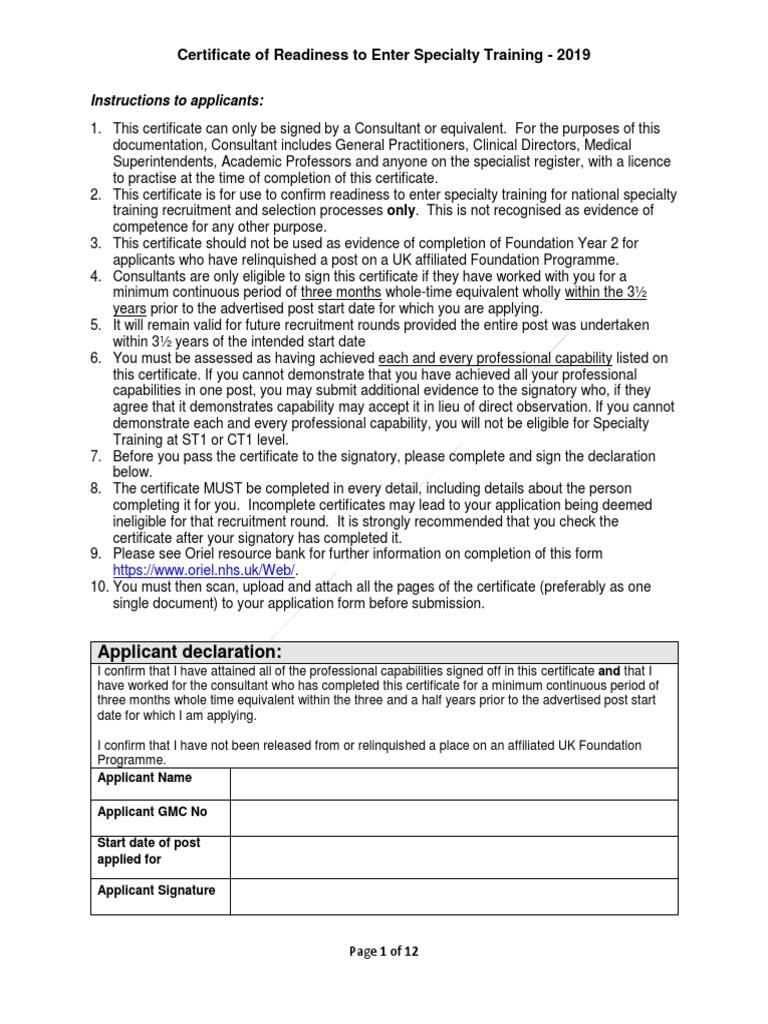 Certificate of Readiness To Enter Specialty Training - 2019 | PDF ...