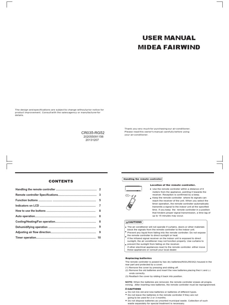User Manual For Midea Fairwind Air Conditioners | PDF | Remote Control ...