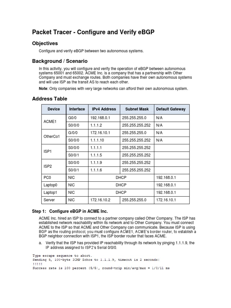 3.5.3.4 Packet Tracer - Configure and Verify EBGP - Pka | PDF | Router ...