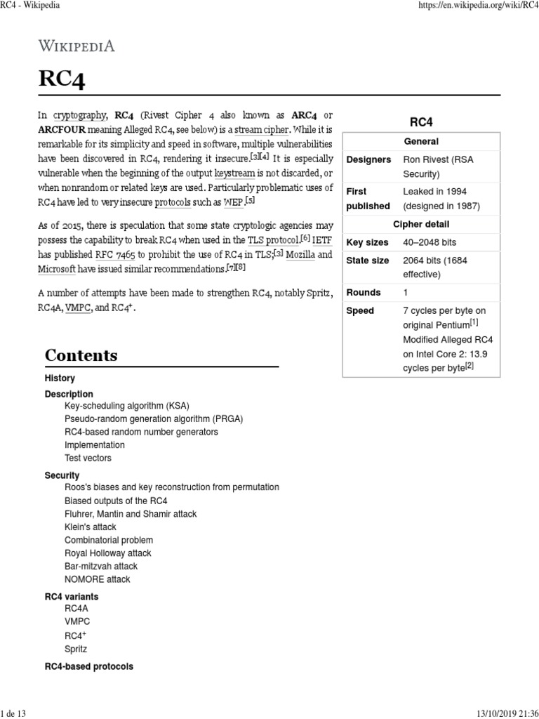 RC4 Cipher - Wikipedia | PDF | Security Engineering | Secrecy