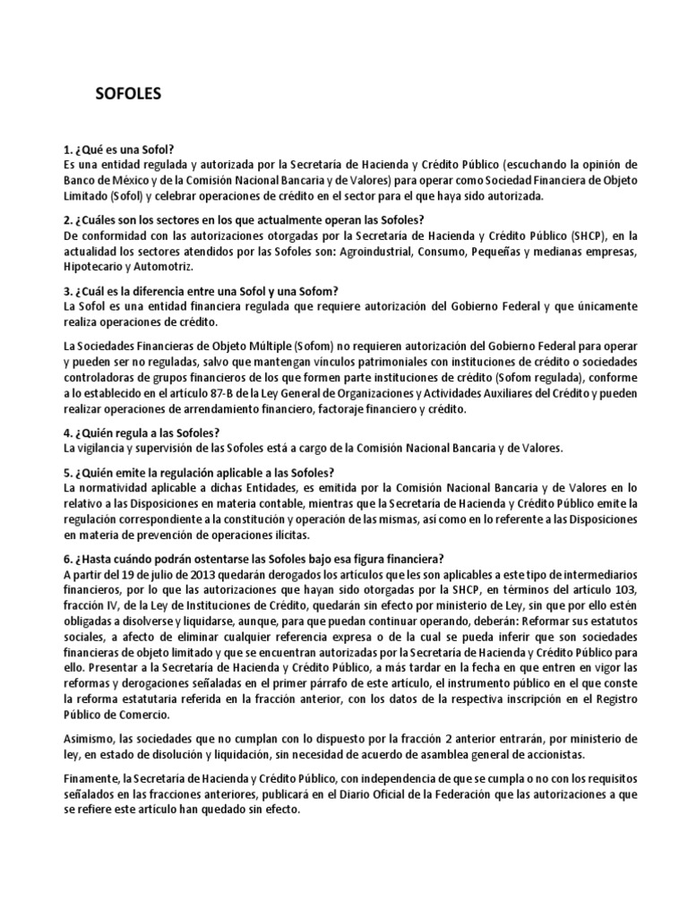 Qué es una Sofol y su regulación | PDF | Finanzas (general) | Economias