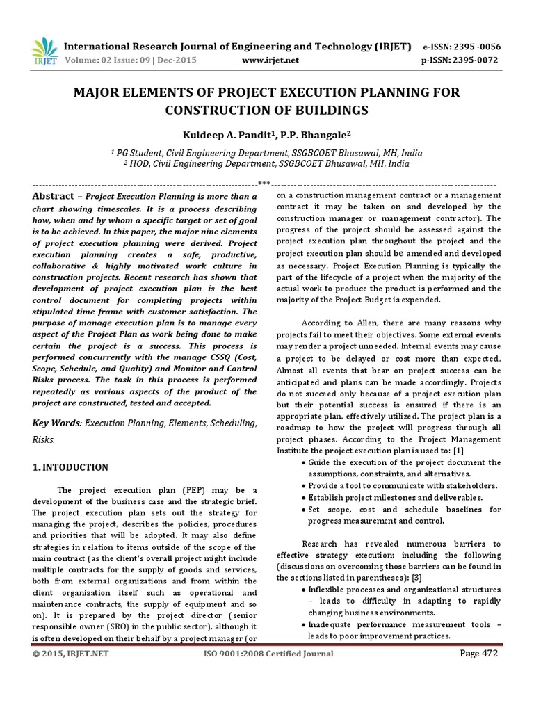 Major Elements of Project Execution Planning For Construction of ...