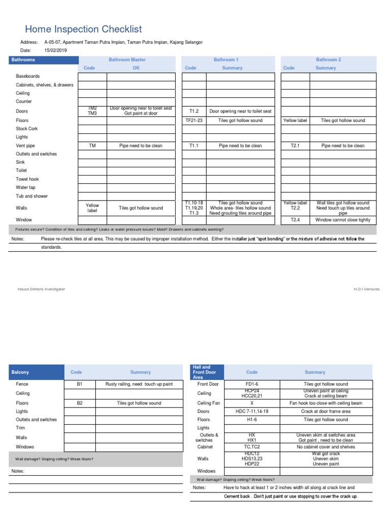 Home Inspection Checklist: Bathroom Master Bathroom 1 Bathroom 2 Code ...