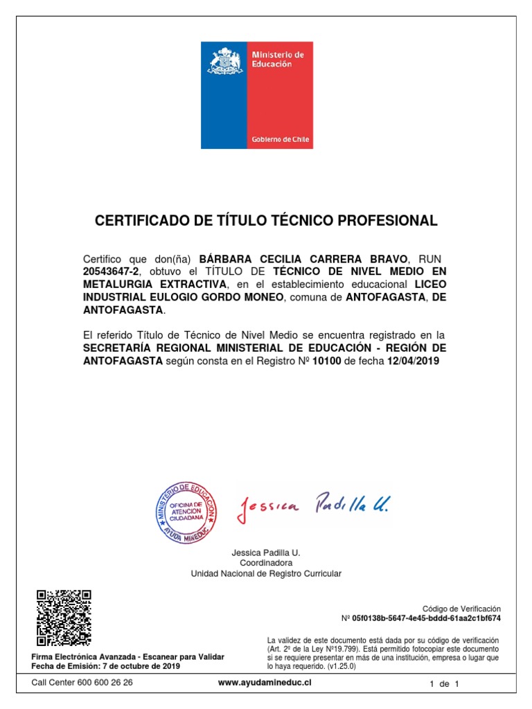 Certificado De Título Técnico Profesional: Certifico que don(ña ...