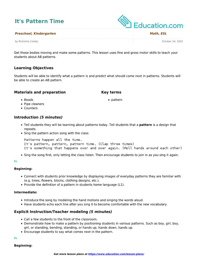 It's Pattern Time: Learning Objectives | PDF | English As A Second Or ...