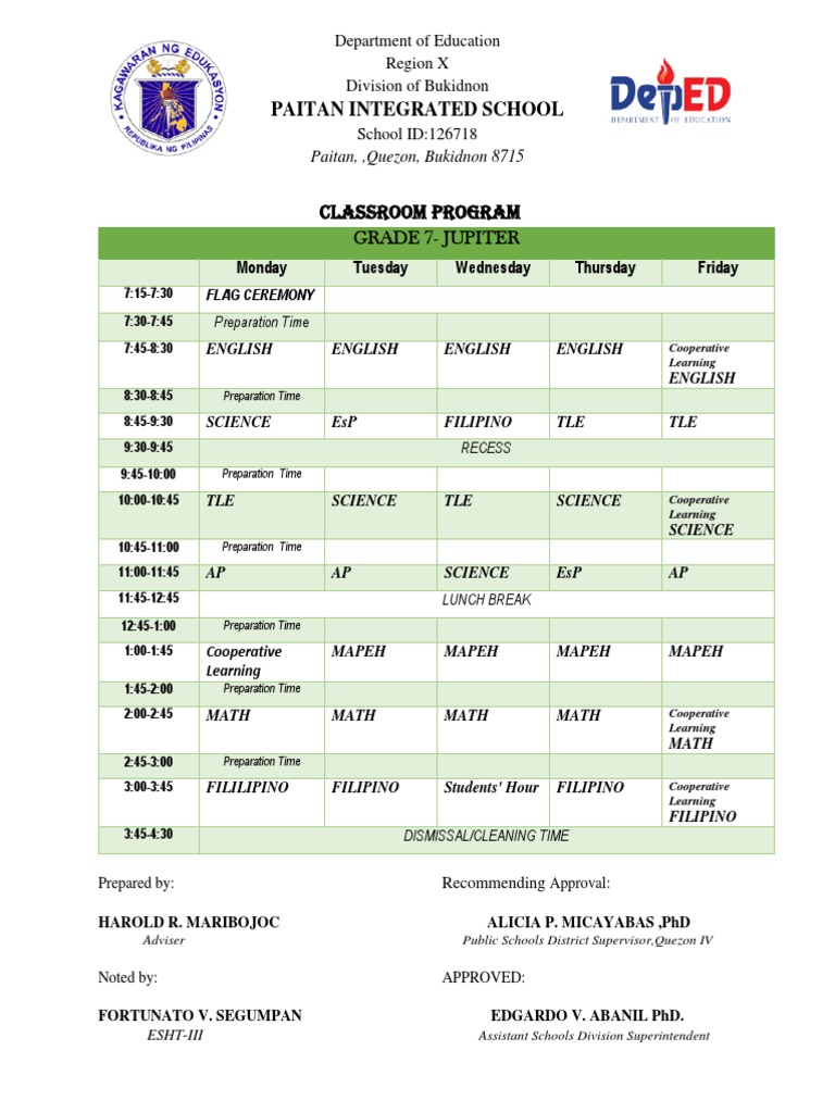 Paitan Integrated School: Classroom Program Grade 7-Jupiter | PDF | Schools | Learning