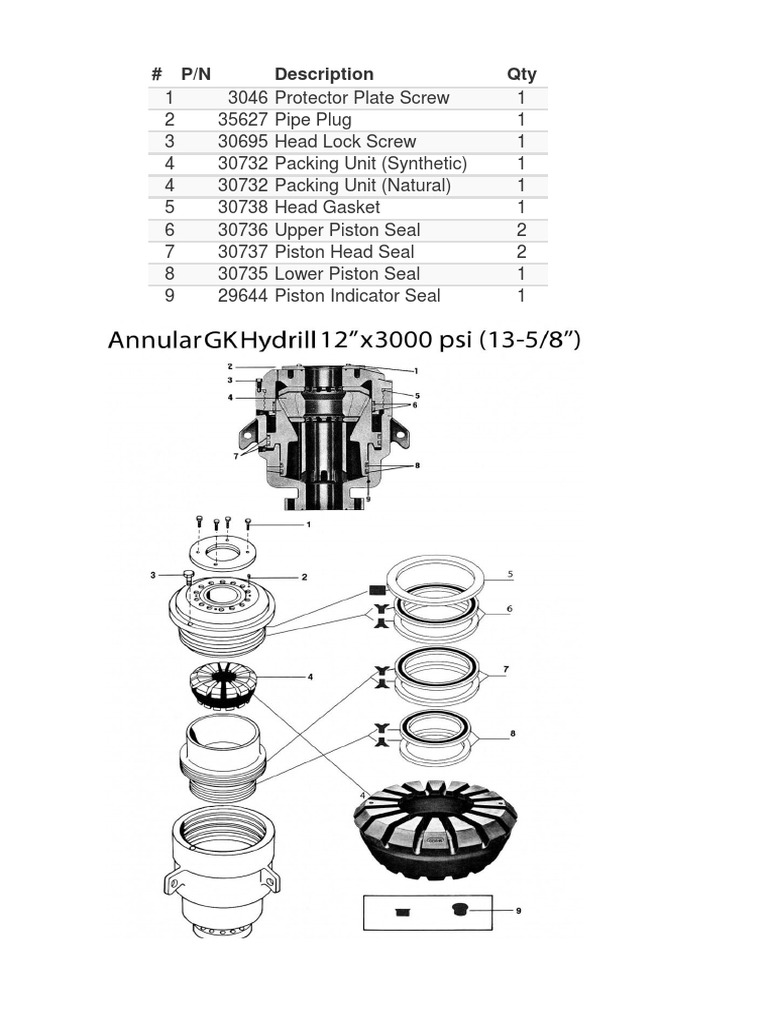 Annular GK Hydril 12 Inch X 3000 Psi Parts Manual | PDF