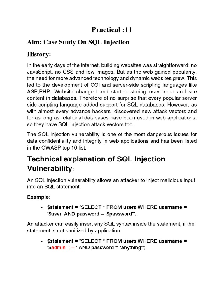 Practical:11: Aim: Case Study On SQL Injection History | PDF