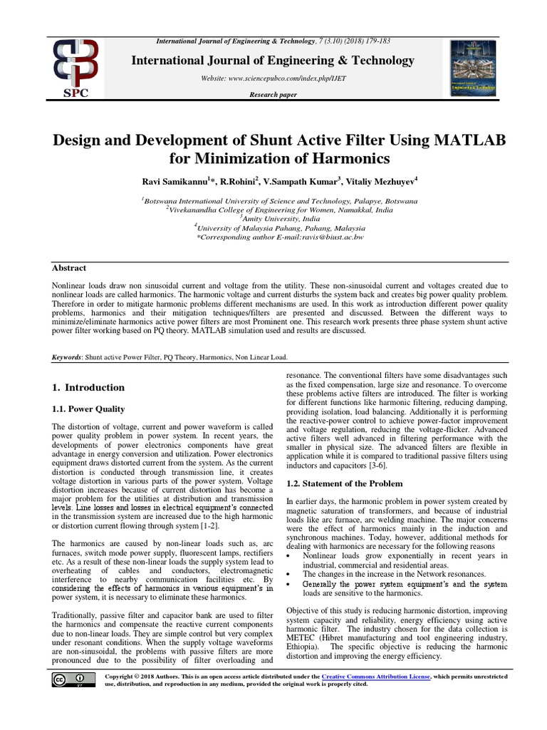 Design and Development of Shunt Active Filter Using MATLAB For Minimization of Harmonics | PDF ...