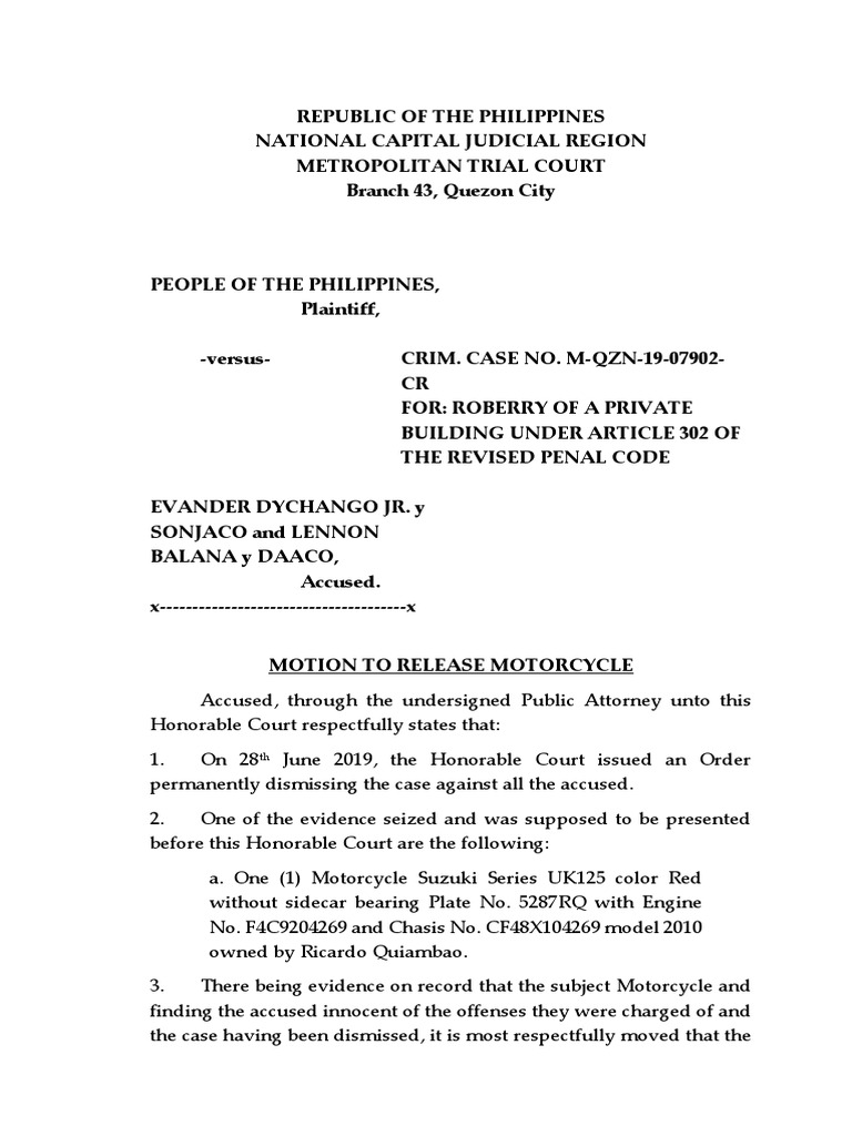 Motion To Release Motorcycle | PDF | Finance & Money Management