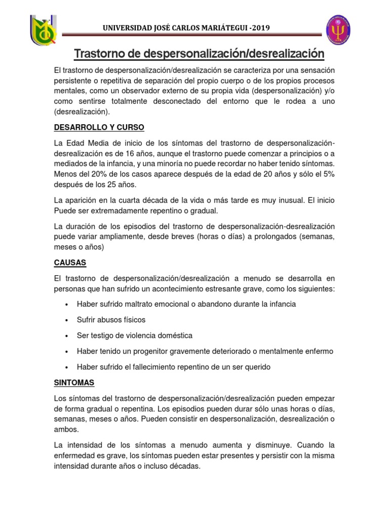 Trastorno De Despersonalizacióndesrealización Universidad José Carlos