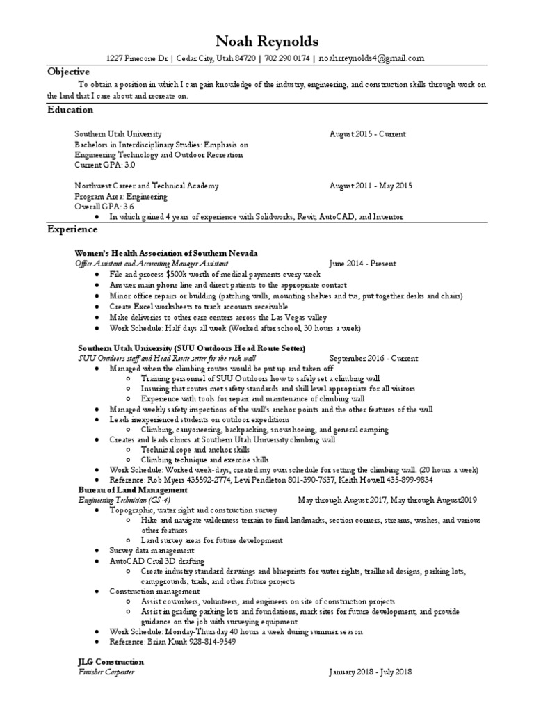 Reynolds Noah Resume 2019 | PDF | Trail | Engineering
