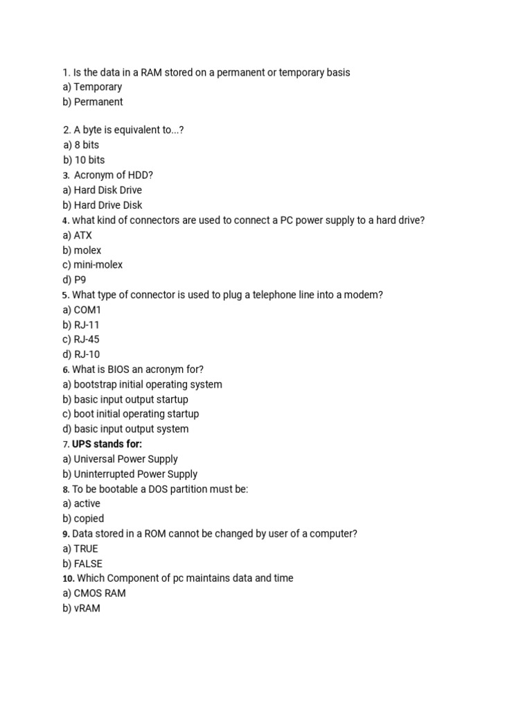 RAM Data Temporary Storage Computer Hardware Software Quiz | PDF
