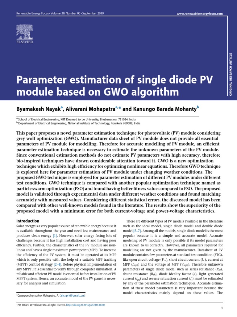 Parameter Estimation Of Single Diode Pv Module Based On Gwo Algorithm Pdf Photovoltaics