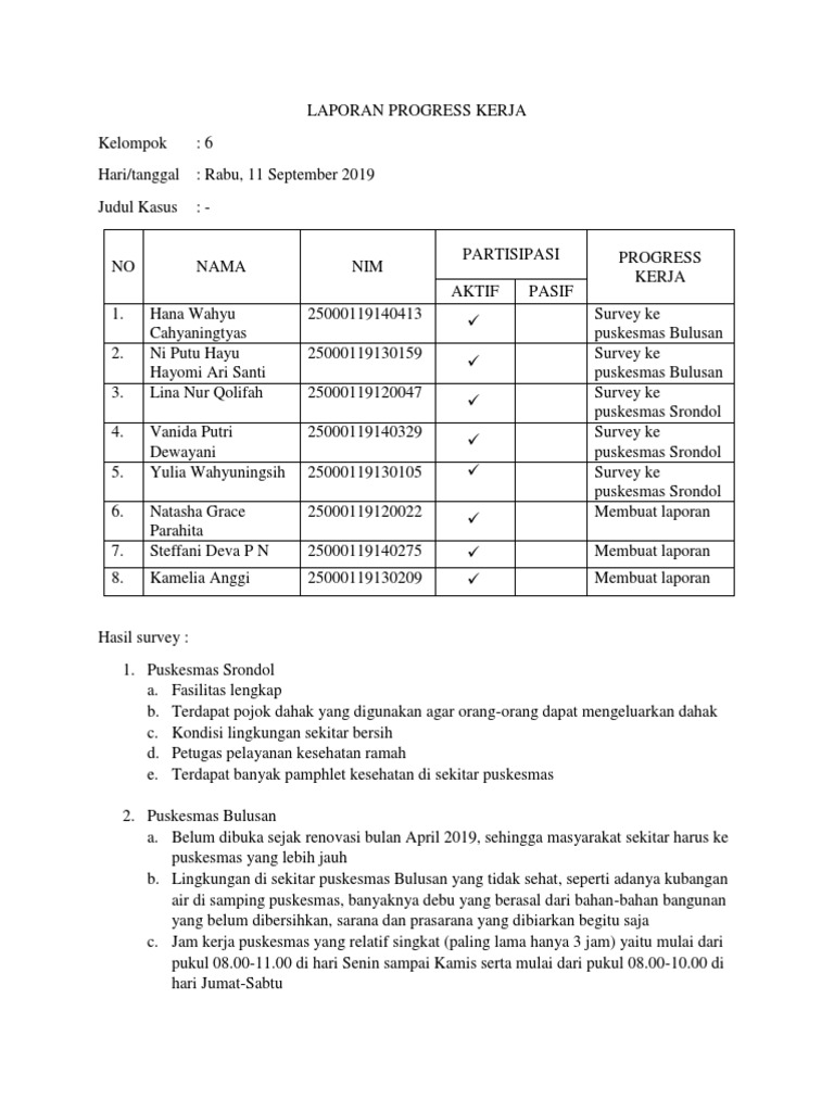Laporan Progress Survey Puskesmas 2019 | PDF