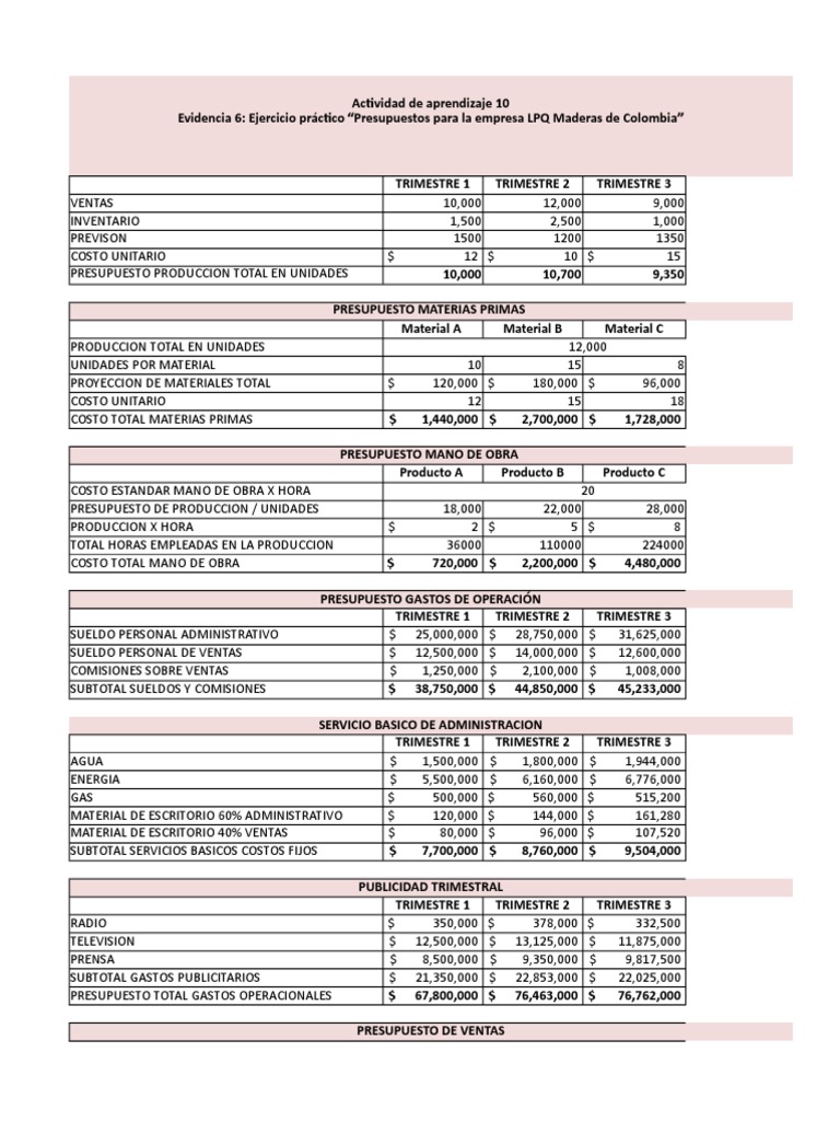 Evidencia 6 Ejercicio Práctico Presupuestos para La Empresa LPQ Maderas de Colombia | PDF ...
