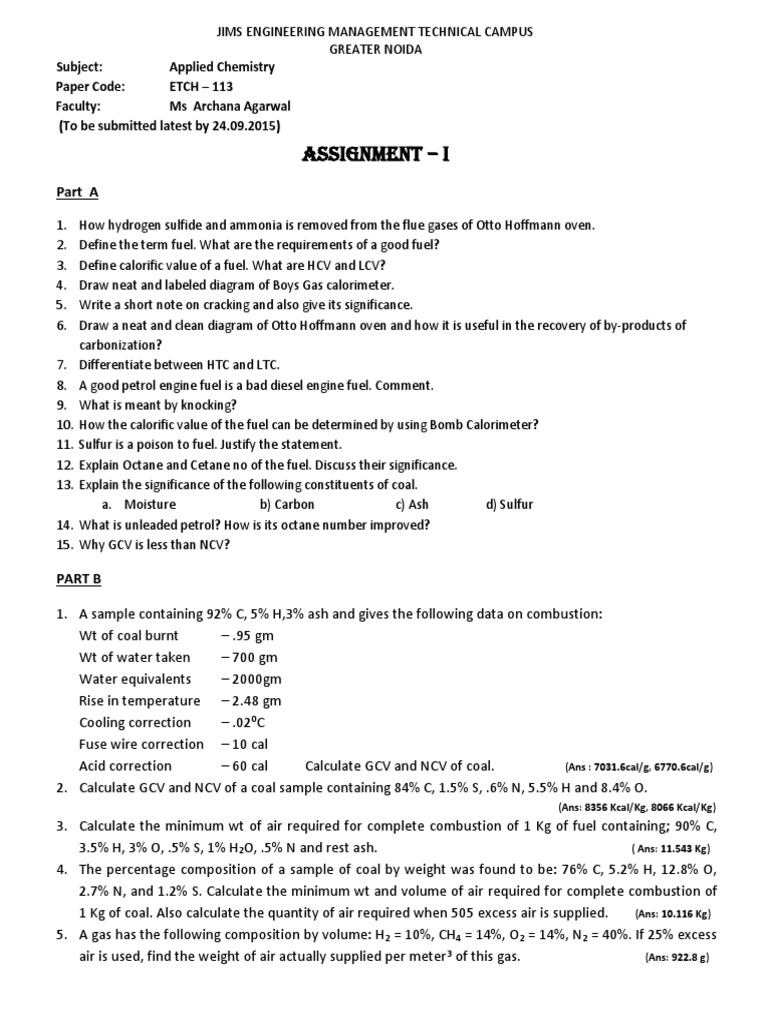 Chem Assignment Unit I | PDF | Gasoline | Fuels