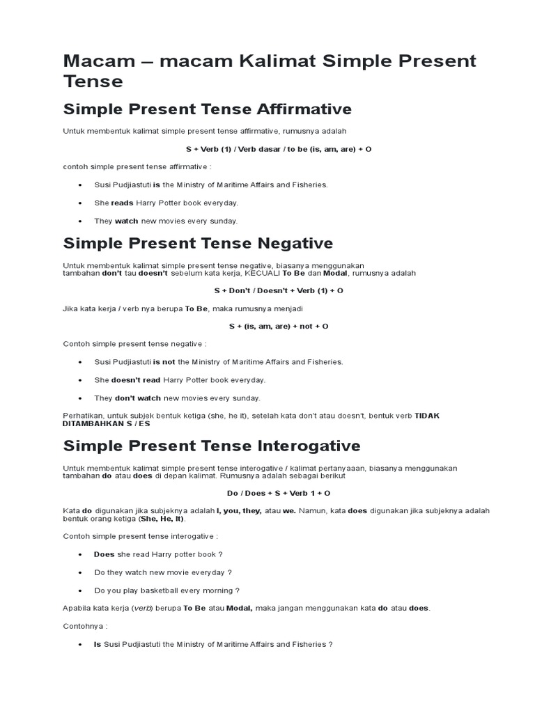 Macam - Macam Kalimat Simple Present Tense | PDF | Syntax | Syntactic ...