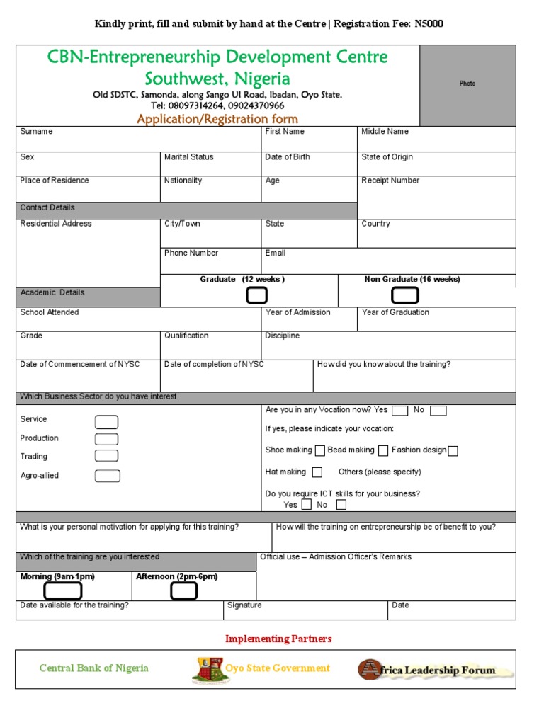CBN-Entrepreneurship Development Centre Southwest, Nigeria: Application ...