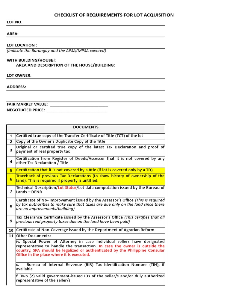 Lot Acquisition Requirements Checklist | PDF | Mergers And Acquisitions ...