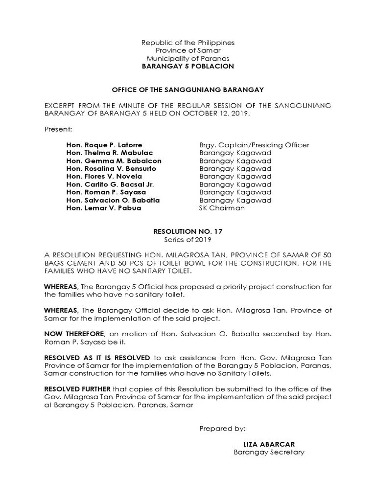 Brgy 5 Reso 17 | PDF | Philippines | Government